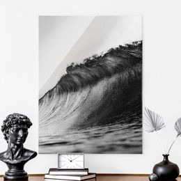 Bilderwelten Glasbild Strand Motiv schwarz weiss Glas Wandbild - Schwarzer Wellenbruch - Landschaft Wohnzimmer Schlafzimmer