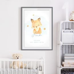 Bilderwelten Bild mit Rahmen Fuchsbaby mit Wunschtext Blau