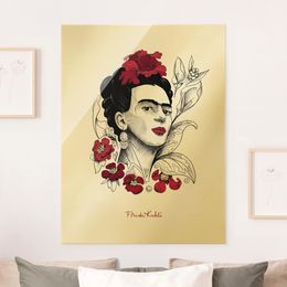 Bilderwelten Glasbild Portrait Illustration pink Glas Wandbild - Frida Kahlo Portrait mit Bl&uuml;ten - Deko Wohnzimmer Schlafzimmer