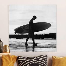 Bilderwelten Leinwandbild Strand Motiv Kunstdruck schwarz weiss - Surferboy im Schattenprofil - Landschaft XXL Wohnzimmer Schlafzimmer