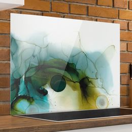Bilderwelten Glas Spritzschutz Abstrakt petrol originell Aquarell - Goldener Waldspaziergang - Deko K&uuml;chenr&uuml;ckwand aus Glas