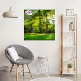 Bilderwelten Glasbild Wald Motiv gr&uuml;n Glas Wandbild - Spaziergang im Wald - B&auml;ume Wohnzimmer Schlafzimmer
