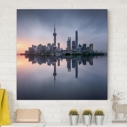 Bilderwelten Leinwandbild Stadt Motiv Kunstdruck blau - Shanghai Skyline Morgenstimmung - Architektur XXL Wohnzimmer Schlafzimmer