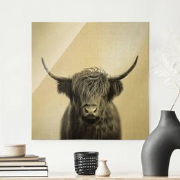 Bilderwelten Glasbild Tiere Motiv schwarz weiss Glas Wandbild - Hochlandrind Harry Schwarz Wei&szlig; - Deko Kinderzimmer Baby M&auml;dchen Jungen
