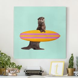 Bilderwelten Leinwandbild Tiere Fotomontage Kunstdruck t&uuml;rkis - Otter mit Surfbrett - Surfen XXL Jugendzimmer