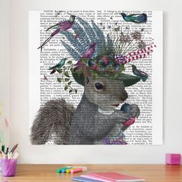 Bilderwelten Leinwandbild Tiere Illustration Kunstdruck bunt - Vogelf&auml;nger - Eichh&ouml;rnchen mit Eicheln - Spr&uuml;che XXL Wohnzimmer Schlafzimmer