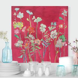 Bilderwelten Leinwandbild originell modern Kunstdruck pink - Blumenreich auf rot - Wandbild XXL Wohnzimmer Schlafzimmer