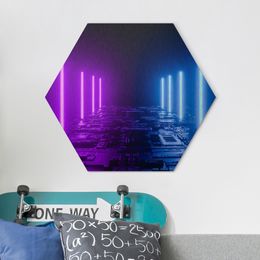 Bilderwelten Alu-Dibond Bild Hexagon blau Digital Art - Neonlichter in Lila und Blau - Deko Jugendzimmer