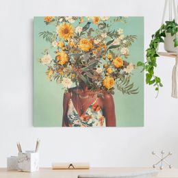 Bilderwelten Leinwandbild Blumen modern Kunstdruck t&uuml;rkis - Blumen Portr&auml;t - Gelbe Rosen - Wandbild XXL Wohnzimmer Schlafzimmer