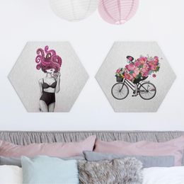 Bilderwelten Alu-Dibond Bild Hexagon Tiere weiss Pop Art - Frauen Zeichnungen - Floraler Ozean - Fahrrad Wohnzimmer Schlafzimmer