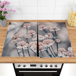 Bilderwelten Herdabdeckplatte Glas 2-teilig Blumen Landhaus Ceranfeldschutz braun - Mystischer Bl&uuml;tenstrauch - Gr&auml;ser K&uuml;che