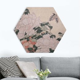 Bilderwelten Alu-Dibond Bild Hexagon Blumen rosa modern - Katsushika Hokusai - Rosa Pfingstrosen mit Schmetterling - Schmetterlinge Wohnzimmer Schlafzimmer