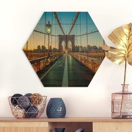 Hexagon-Alu-Dibond Bild Morgenblick von der Brooklyn Bridge