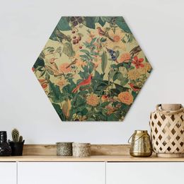 Bilderwelten Alu-Dibond Bild Hexagon Blumen bunt Vintage - Vintage Collage - Vogelgarten - Retro Wohnzimmer Schlafzimmer