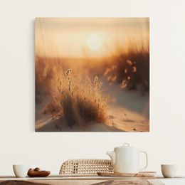 Bilderwelten Leinwandbild Strand Motiv Kunstdruck beige - Zarte Gr&auml;ser im Sonnenaufgang II - Wandbild XXL Wohnzimmer Schlafzimmer