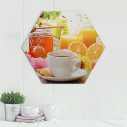 Bilderwelten Alu-Dibond Bild Hexagon Kulinarisch gelb Motiv - Sommerlicher Fr&uuml;hst&uuml;ckstisch - Deko K&uuml;che
