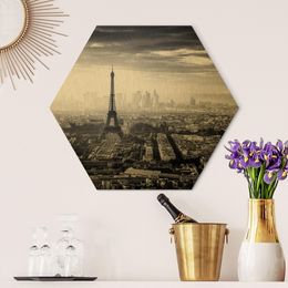 Hexagon-Alu-Dibond Bild Der Eiffelturm von Oben Schwarz-weiß