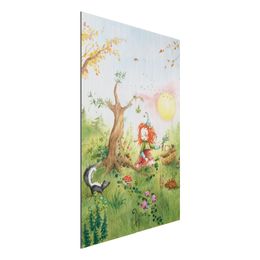 Bilderwelten Alu Dibond Outdoor Bild Wald gr&uuml;n Illustration Aquarell - Frida sammelt Kr&auml;uter - B&auml;ume Kinderzimmer Baby M&auml;dchen Jungen