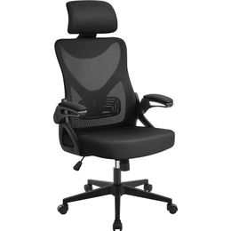 Yaheetech Bürostuhl Ergonomisch, Schreibtischstuhl mit Hochklappbaren Armlehnen, Drehstuhl mit Rückenlehne und Verstellbarer Kopfstütze, bis 136 kg Belastbar Schwarz