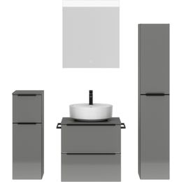 Badmöbel-Set Nobilia "Alvene", grau (schiefergrau), B:140cm H:184,2cm T:48,5cm, Kastenmöbel-Sets, Hochglanz, inkl. Spiegel mit Touch-Sensor, in vier Breiten