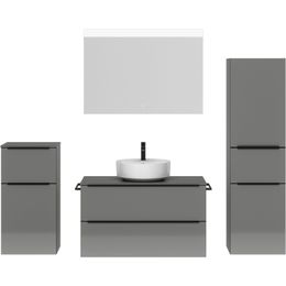 Badmöbel-Set Nobilia "Alvene", grau (schiefergrau), B:210cm H:184,2cm T:48,5cm, Kastenmöbel-Sets, Hochglanz, inkl. Spiegel mit Touch-Sensor, in vier Breiten