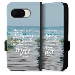 DeinDesign Google Pixel 9a Handy Klapph&uuml;lle Handyh&uuml;lle aus Kunst Leder schwarz Flip Case Spruch Beach Statement Sideflip mit Lasche