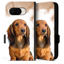 DeinDesign Google Pixel 9a Handy Klapph&uuml;lle Handyh&uuml;lle aus Kunst Leder schwarz Flip Case Pet Dachshund Dog Sideflip mit Lasche