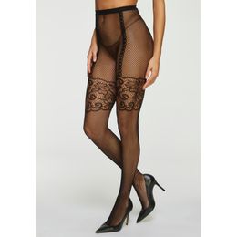 Damen Netzstrumpfhose, Petite Fleur Gold, schwarz, Obermaterial: 92% Polyamid, 8% Elasthan, Netz, Strumpfhosen, in Strapsstrumpf- Optik
