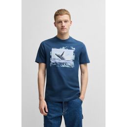 BOSS Orange Herren T-Shirt "Te Dunetrace", blau, Gr. XL, unifarben, Single Jersey, Obermaterial: 100% Baumwolle, Shirts, mit großem Fotodruck