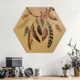Hexagon-Alu-Dibond Bild Traumfänger mit Rosen und Federn