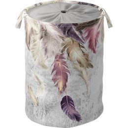 Wäschekorb Sanilo "Federn", lila (lila, grau), B:40cm H:50cm T:40cm Ø:40cm, Polyester, Wäschesammler, kräftige Farben, samtweiche Oberfläche, mit Deckel