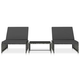 vidaXL Sonnenliegen 2 Stk. mit Tisch Poly Rattan Grau