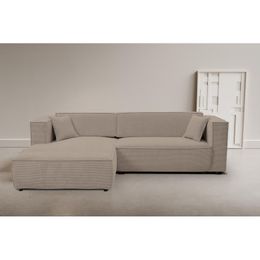 WERK2 Ecksofa »Atlanta-New, modernes Design, Stellmaße 280x147cm, L-Form, Kedernaht« hoher Komfort, Schlaffunktion & Bettkasten, Cord, Greige Greige