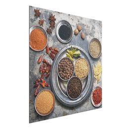 Bilderwelten Alu Dibond Outdoor Bild Kulinarisch grau Orientalisch wetterfest - Shabby Gew&uuml;rzplatte - Gew&uuml;rze & Kr&auml;uter K&uuml;che