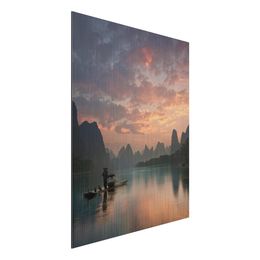 Bilderwelten Alu Dibond Outdoor Bild Natur pastell Motiv wetterfest - Sonnenaufgang &uuml;ber chinesischem Fluss - Boot Schiff & U-Boot Wohnzimmer Schlafzimmer