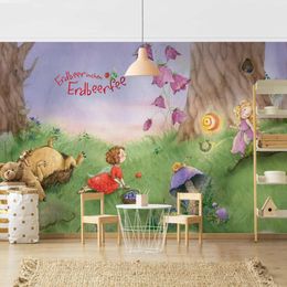 Fototapete Erdbeerinchen Erdbeerfee - Im Wald - Vliestapete nach Ma&szlig; Kinder Aquarell Illustration Kinderzimmer M&auml;dchen M&auml;dchenzimmer Baby Babyzimmer