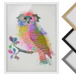 Bilderwelten Bild mit Rahmen Tiere einzigartig Illustration inkl. Rahmung - Regenbogen Splash Eule - Deko Kinderzimmer Baby M&auml;dchen Jungen