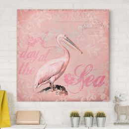 Bilderwelten Leinwandbild Tiere Vintage Kunstdruck pink - Shabby Chic Collage - Pelikan - Retro XXL Wohnzimmer Schlafzimmer
