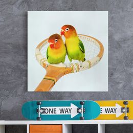 Bilderwelten Leinwandbild Tiere Fotomontage Kunstdruck t&uuml;rkis - Tennis mit V&ouml;geln - Tennis XXL Wohnzimmer Schlafzimmer