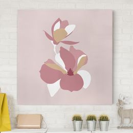 Bilderwelten Leinwandbild - Quadrat Line Art Bl&uuml;ten Pastell Rosa