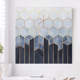 Bilderwelten Leinwandbild - Quadrat Goldene Sechsecke Blau Wei&szlig;