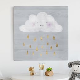 Bilderwelten Leinwandbild Liebe Illustration Kunstdruck grau - Wolke mit goldenen Regentropfen - Wolken XXL Kinderzimmer Baby M&auml;dchen Jungen