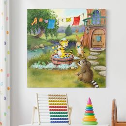 Bilderwelten Leinwandbild Wald Illustration Kunstdruck Leinwanddruck - Kleiner Tiger - Beim Baden - B&auml;ume XXL Kinderzimmer Baby M&auml;dchen Jungen