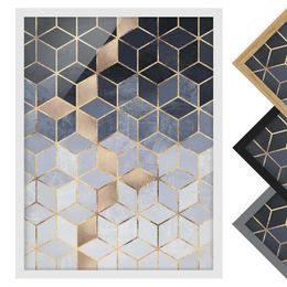 Bilderwelten Bild mit Rahmen - Hochformat Blau Wei&szlig; goldene Geometrie