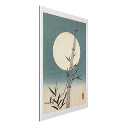 Bilderwelten Alu Dibond Outdoor Bild Natur blau Vintage Aquarell - Japanische Zeichnung Bambus und Mond - Himmel Wohnzimmer Schlafzimmer