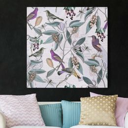 Bilderwelten Leinwandbild Tiere Vintage Kunstdruck pastell - Vintage Collage - Nostalgische V&ouml;gel - Pflanzen XXL Wohnzimmer Schlafzimmer