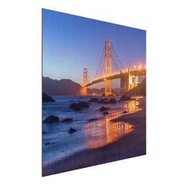 Bilderwelten Alu Dibond Outdoor Bild Stadt orange Motiv wetterfest - Golden Gate Bridge am Abend - Architektur Wohnzimmer Schlafzimmer