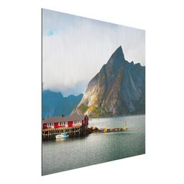 Bilderwelten Alu Dibond Outdoor Bild Natur blau Motiv wetterfest - Fischerhaus in Schweden - Schweden Wohnzimmer Schlafzimmer