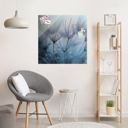 Bilderwelten Glasbild Blumen Motiv blau Glas Wandbild - Blaue Federn im Regen - Deko Wohnzimmer Schlafzimmer