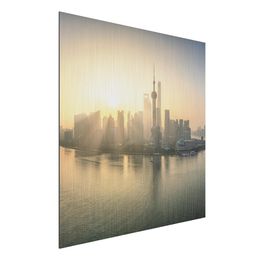 Bilderwelten Alu Dibond Outdoor Bild Stadt orange Motiv wetterfest - Pudong bei Sonnenaufgang - Architektur Wohnzimmer Schlafzimmer